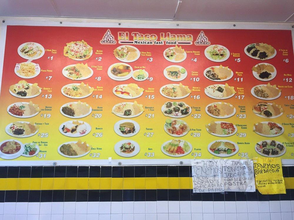 Menu at El Taco Llama. restaurant, Los Angeles, Corbin Ave # B