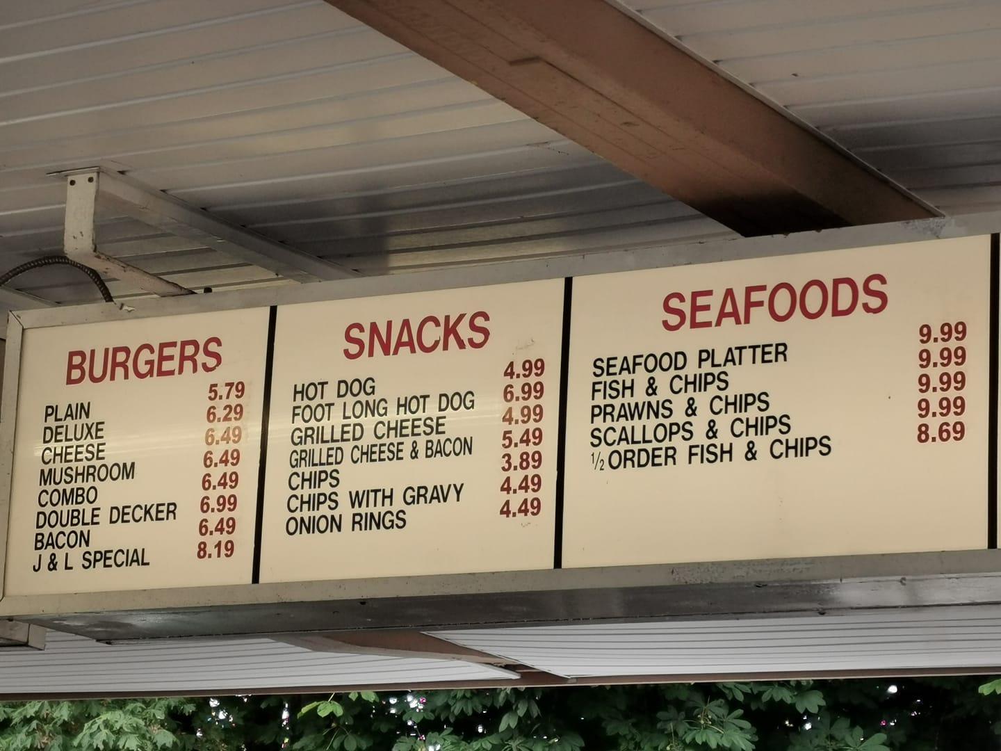 Menu at J & L Drive-In fast food, Port Alberni