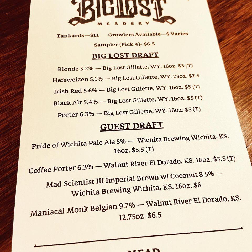Menu at Big Lost Meadery, Gillette