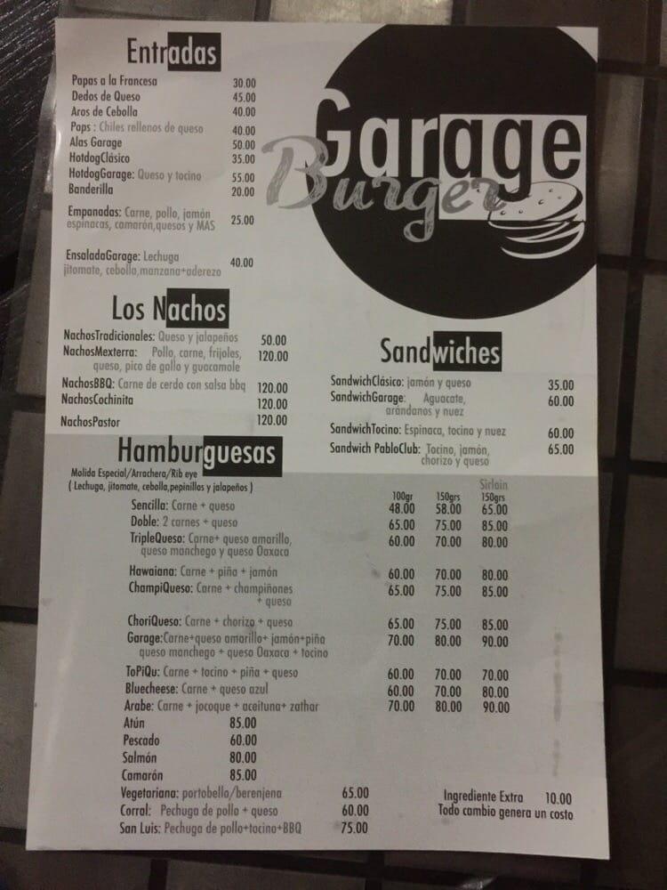 Menu at Burger Garage restaurant, Mexico City, Calle Rumania 1022BIS
