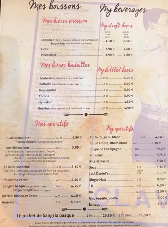 Carta del restaurante Chez Papa, Paris, 59 Rue del Clichy