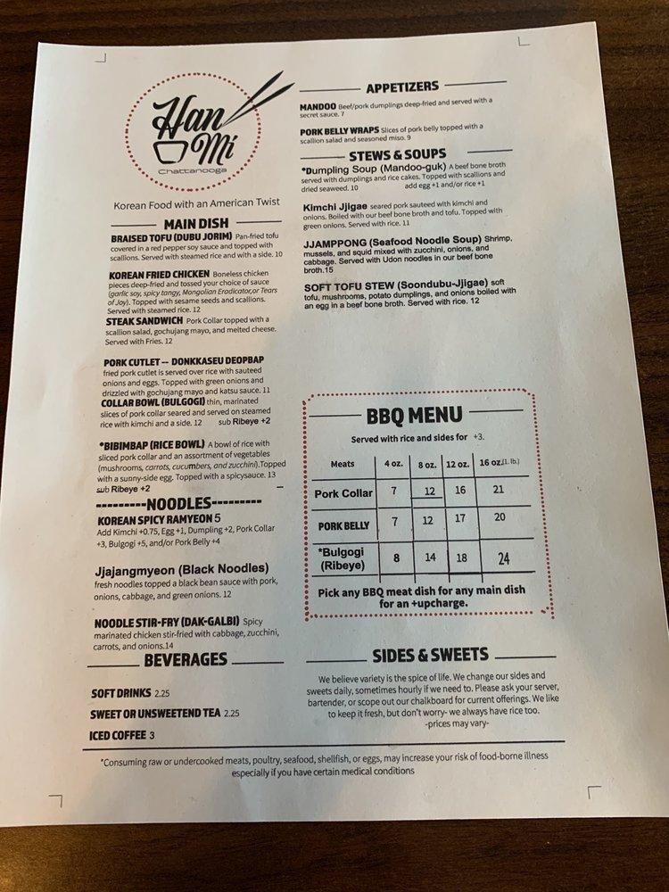 Menu at Han-Mi restaurant, Chattanooga