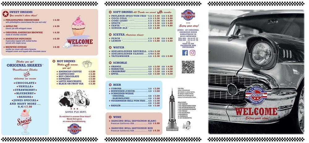 Menu at Jones Original American Diner restaurant, Munich