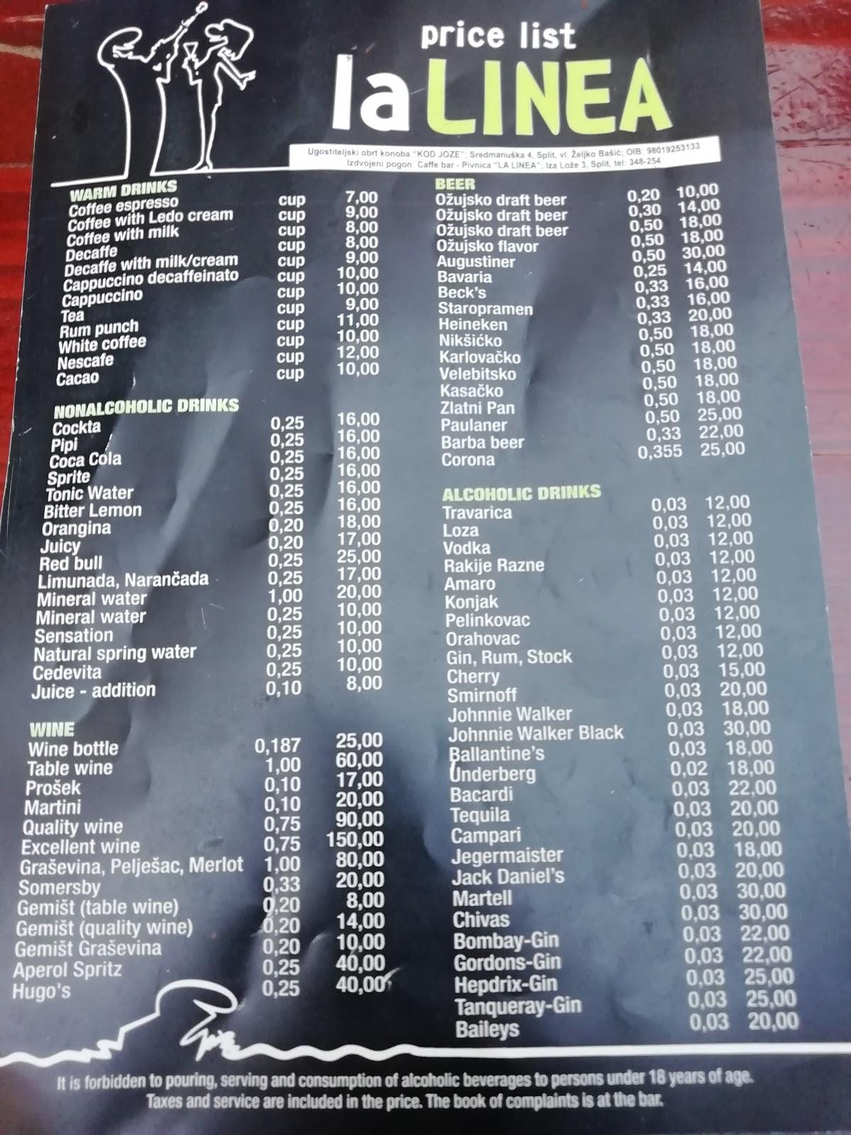 Menu da Caffe bar La Linea, Spalato