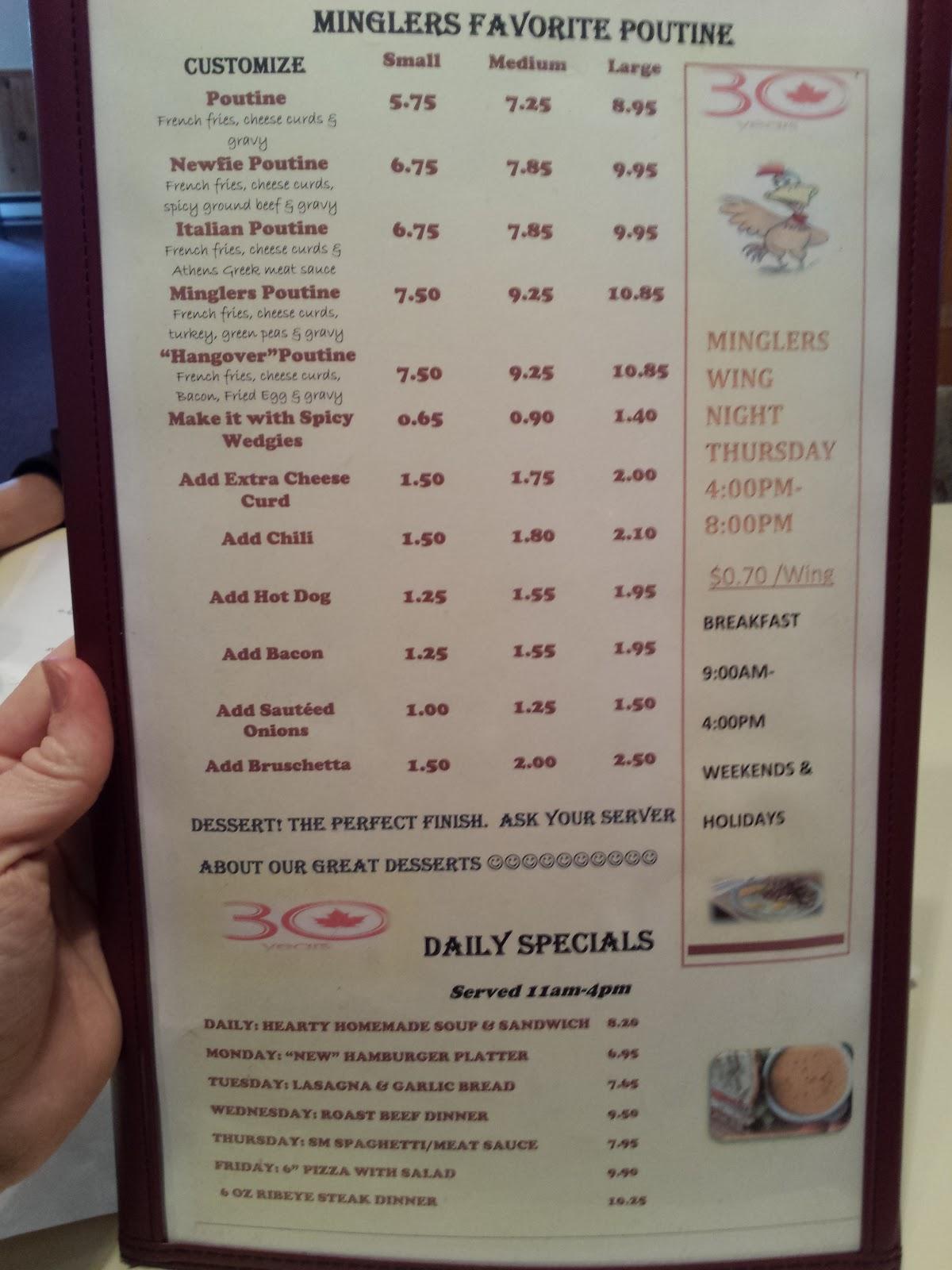 Menu at Mingler's pizzeria, Oromocto