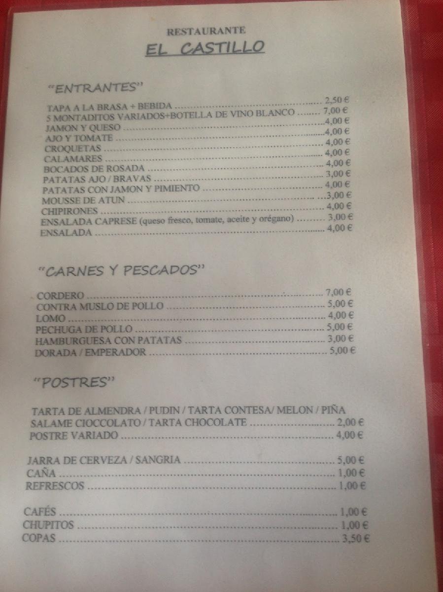 Menu at Restaurante El castillo, Elche
