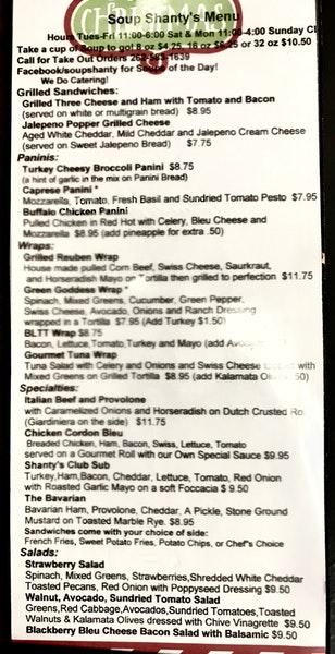 Menu at Soup Shanty restaurant, Racine, Douglas Ave