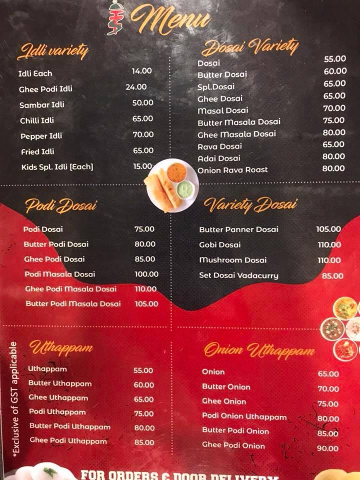 Menu at The Idly shop, Madurai, W4FR+MC4