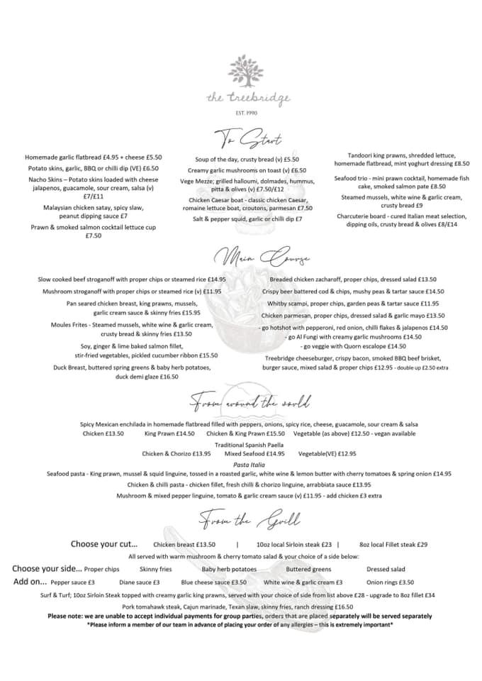 Menu at The Treebridge Hotel pub & bar, Middlesbrough