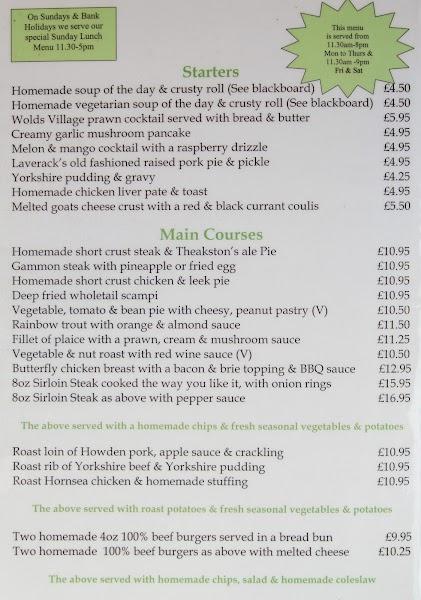 Menu at Wolds Village restaurant, Bainton