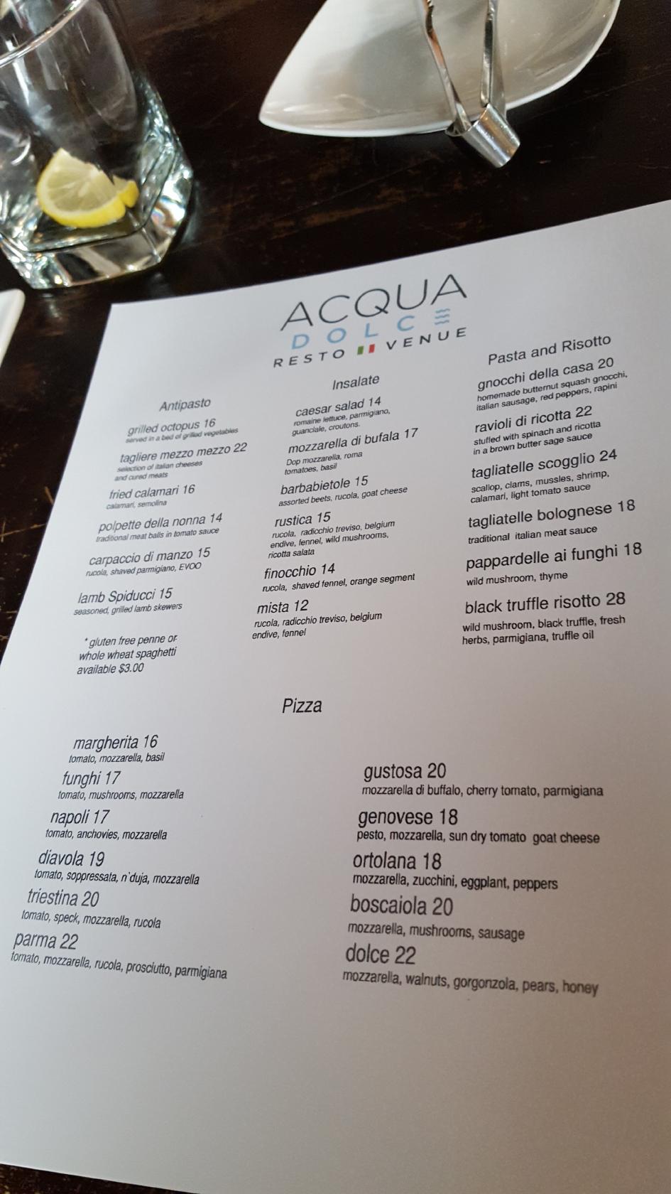 Menu at Acqua Supper Club, Toronto