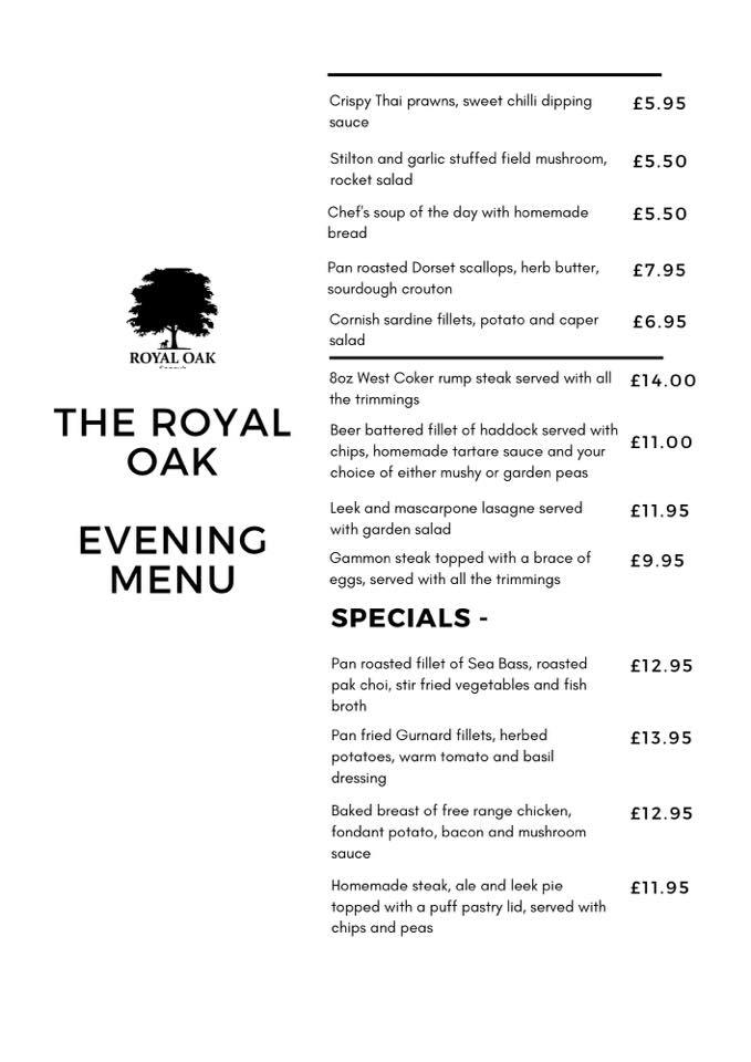 Menu at The Royal Oak pub & bar, Yeovil, Moor Ln