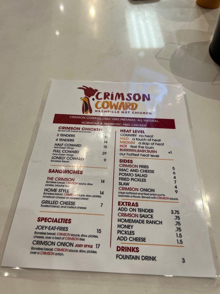Carta del restaurante Crimson Coward, Lake Forest