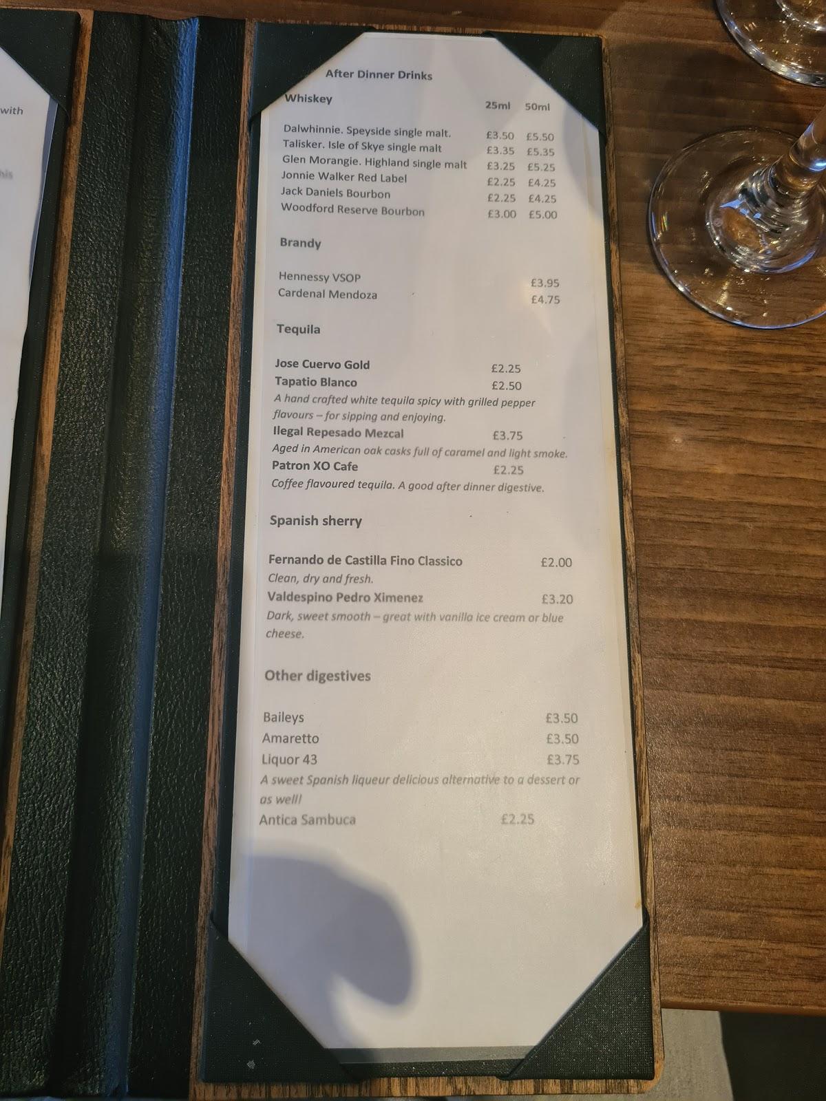 Menu at La Vaca steakhouse, Sheffield