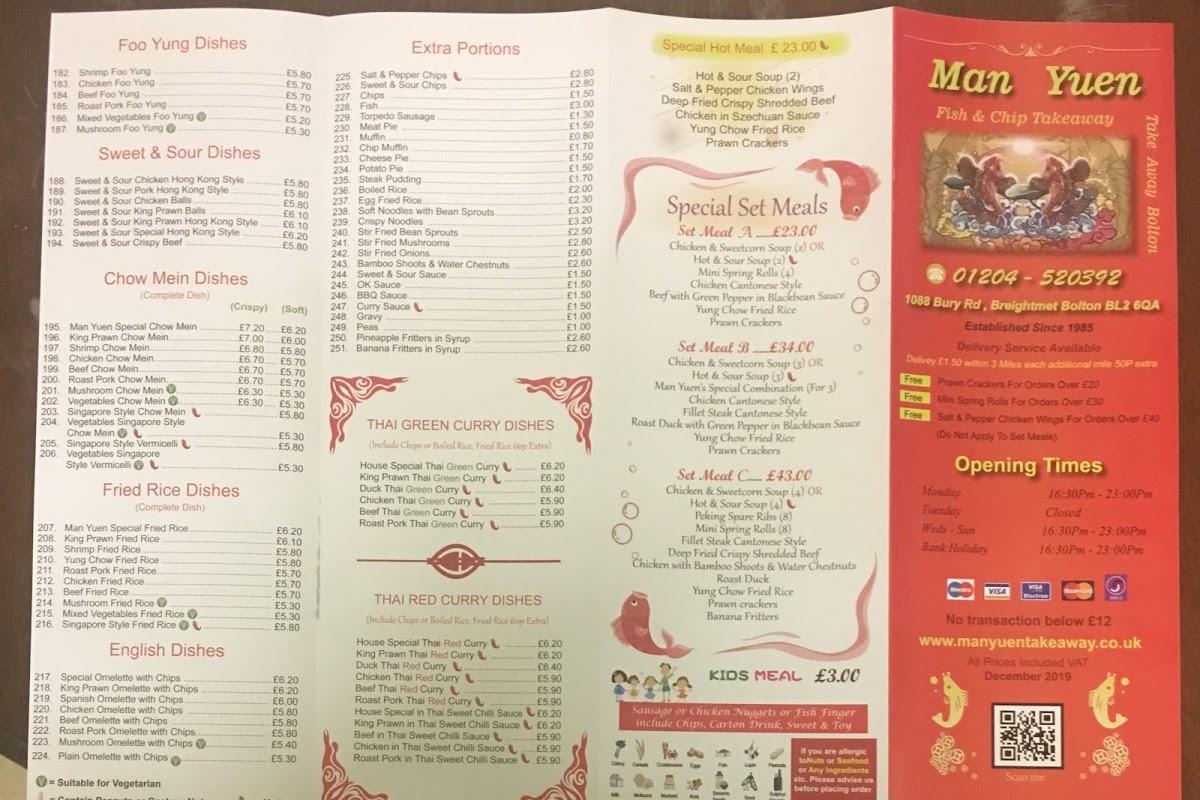 Menu at Man Yuen fast food, Bolton