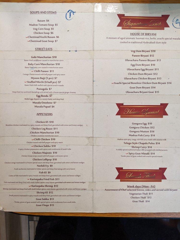 Menu at Avachi Biryani House restaurant, Cupertino