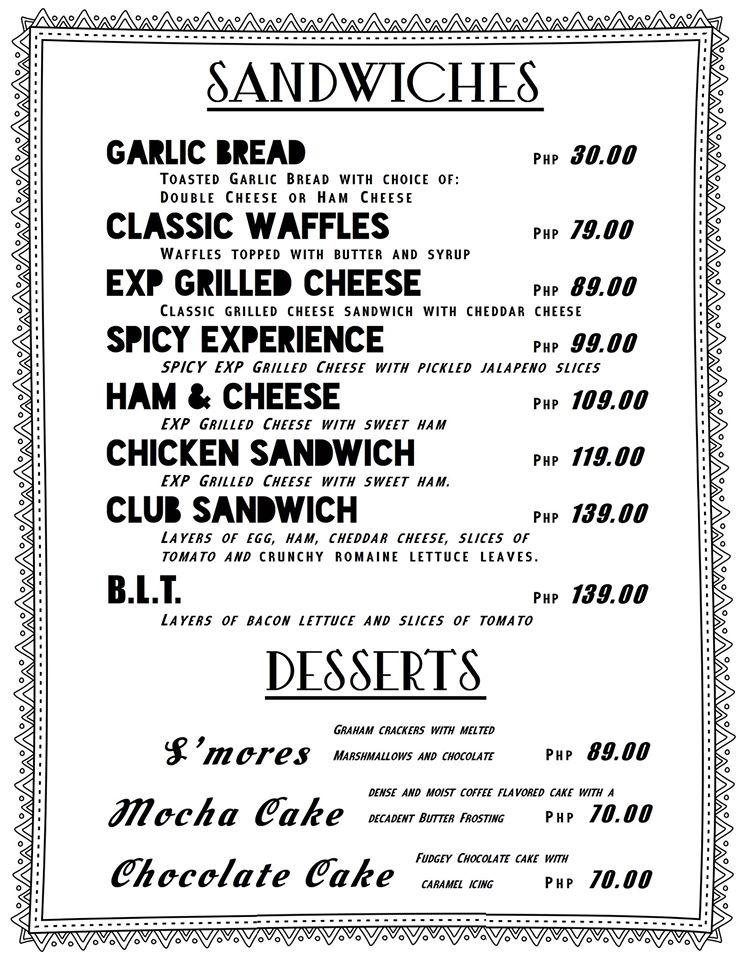 Menu at Exp Cafe, Iloilo City