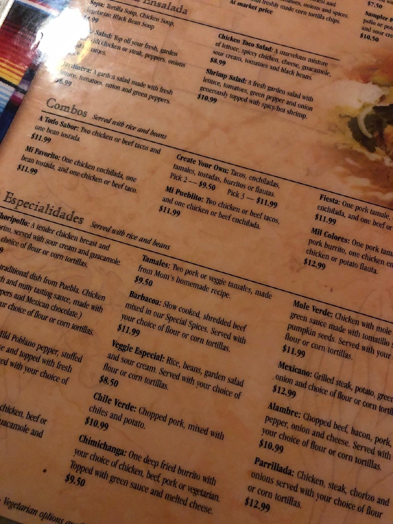 Menu at El Norteno restaurant, Minneapolis, E Lake St
