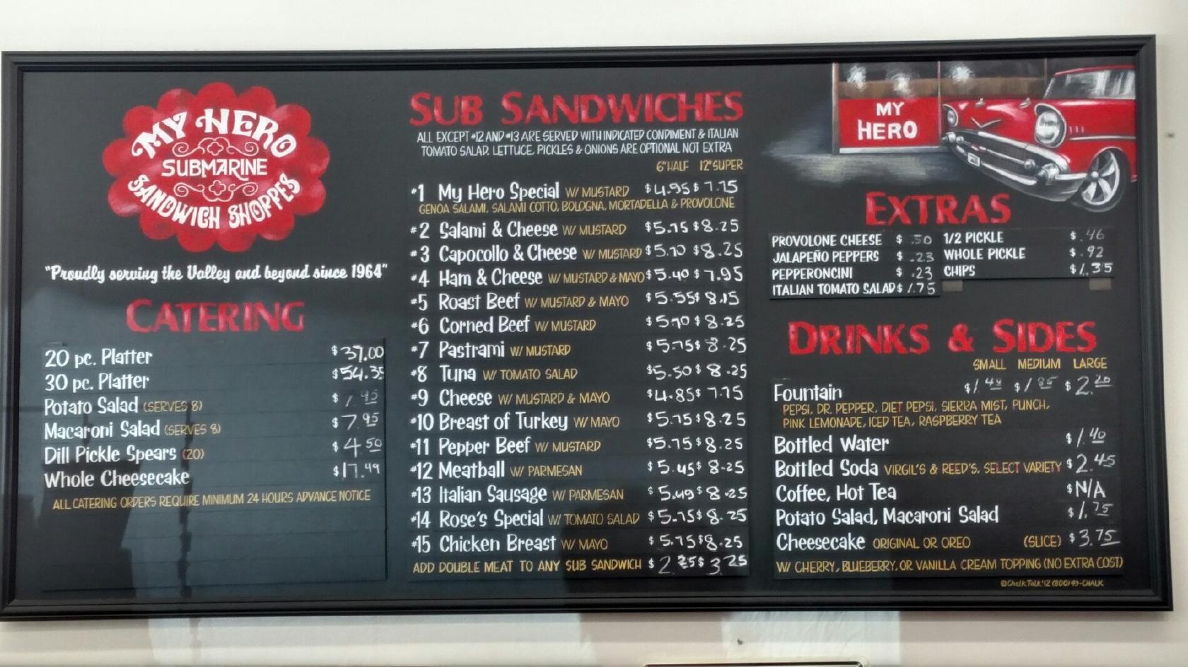 Menu at My Hero Submarine restaurant, Los Angeles