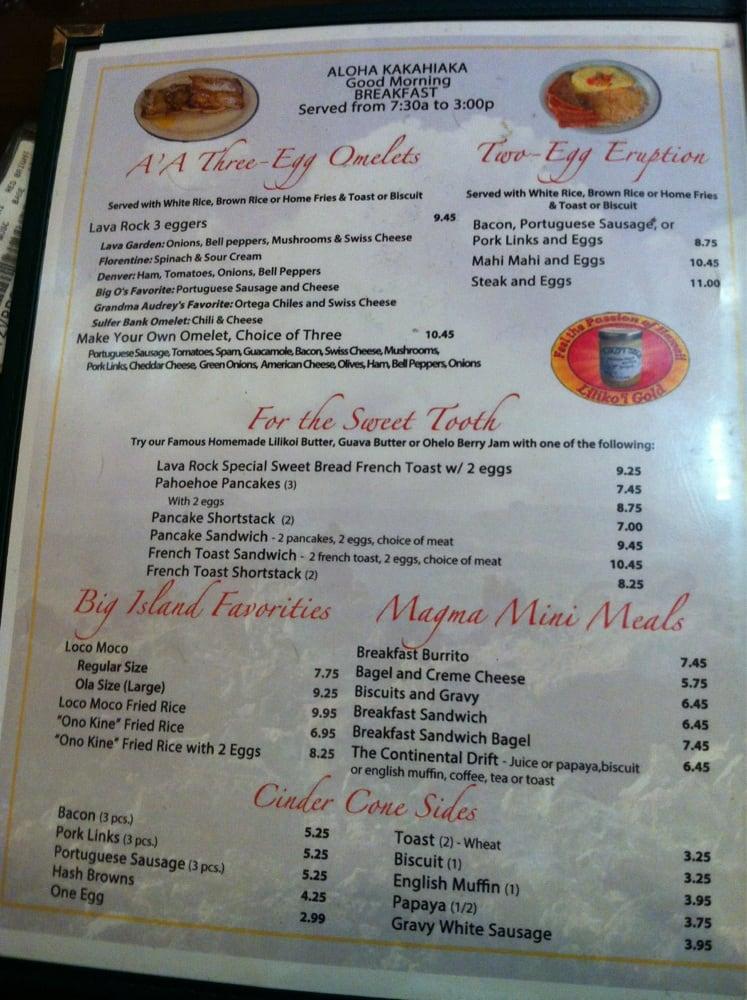 Menu at Volcano's Lava Rock Cafe, Volcano