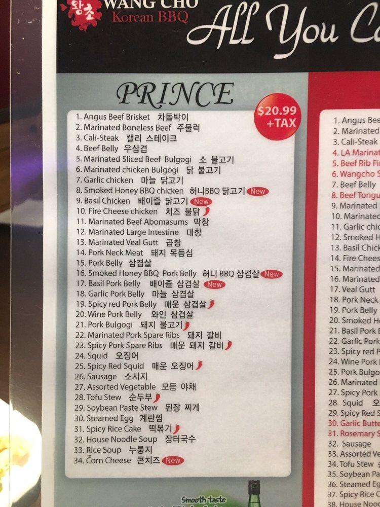 Menu at Wang Cho Korean BBQ, Riverside