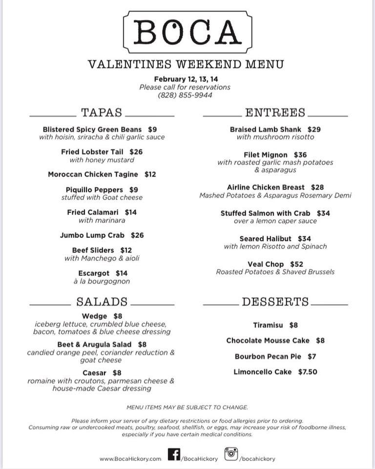 Menu at Boca pub & bar, Hickory