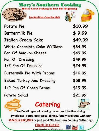 Menu at Mary's Southern Cooking restaurant, Mobile