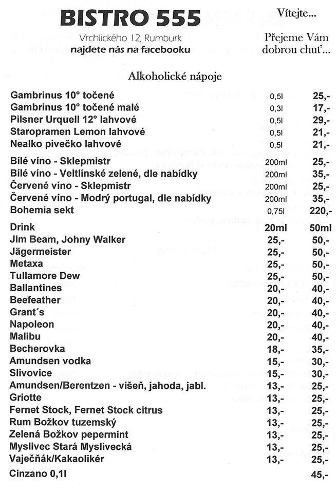Menu at Bistro 555 restaurant, Rumburk