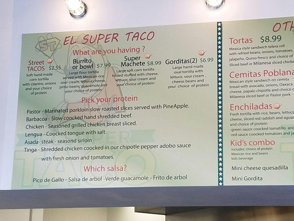 Menu at El Super Taco restaurant, Burnsville