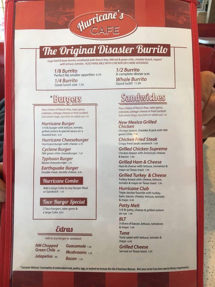 Menu at Hurricane's Cafe, Albuquerque, Lomas Blvd NE