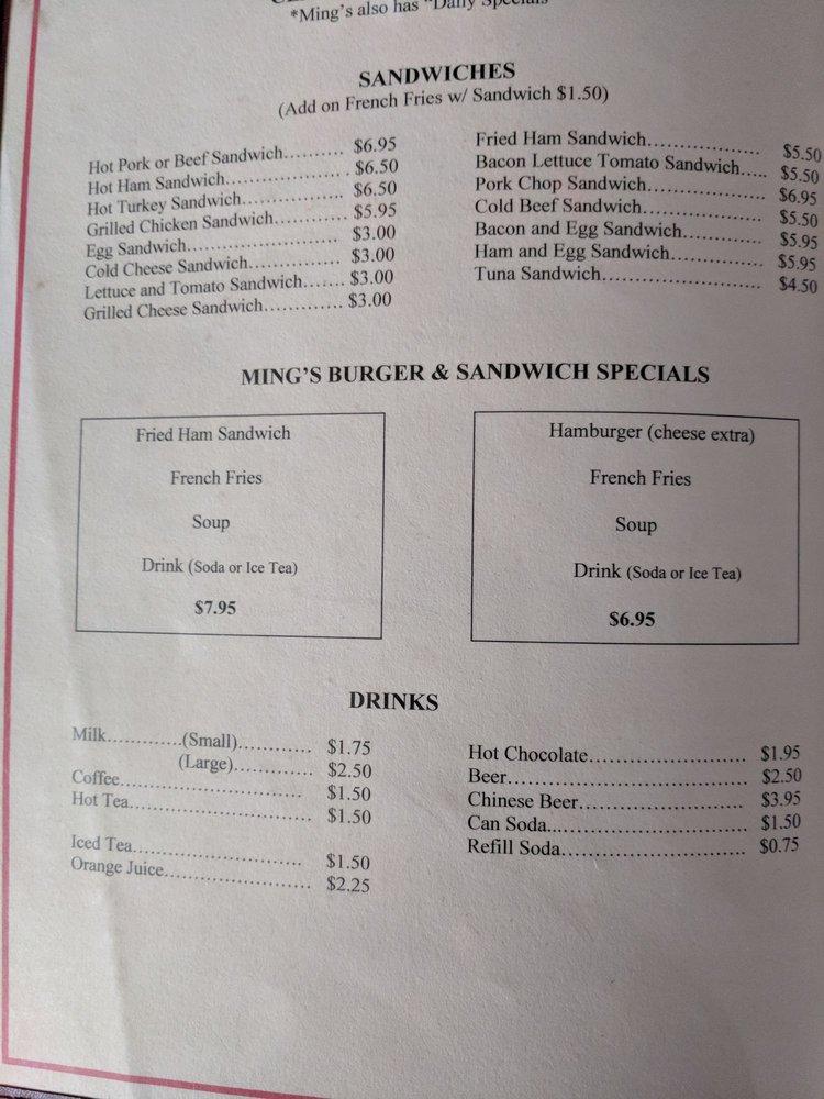 Menu at Ming's Cafe, Bakersfield
