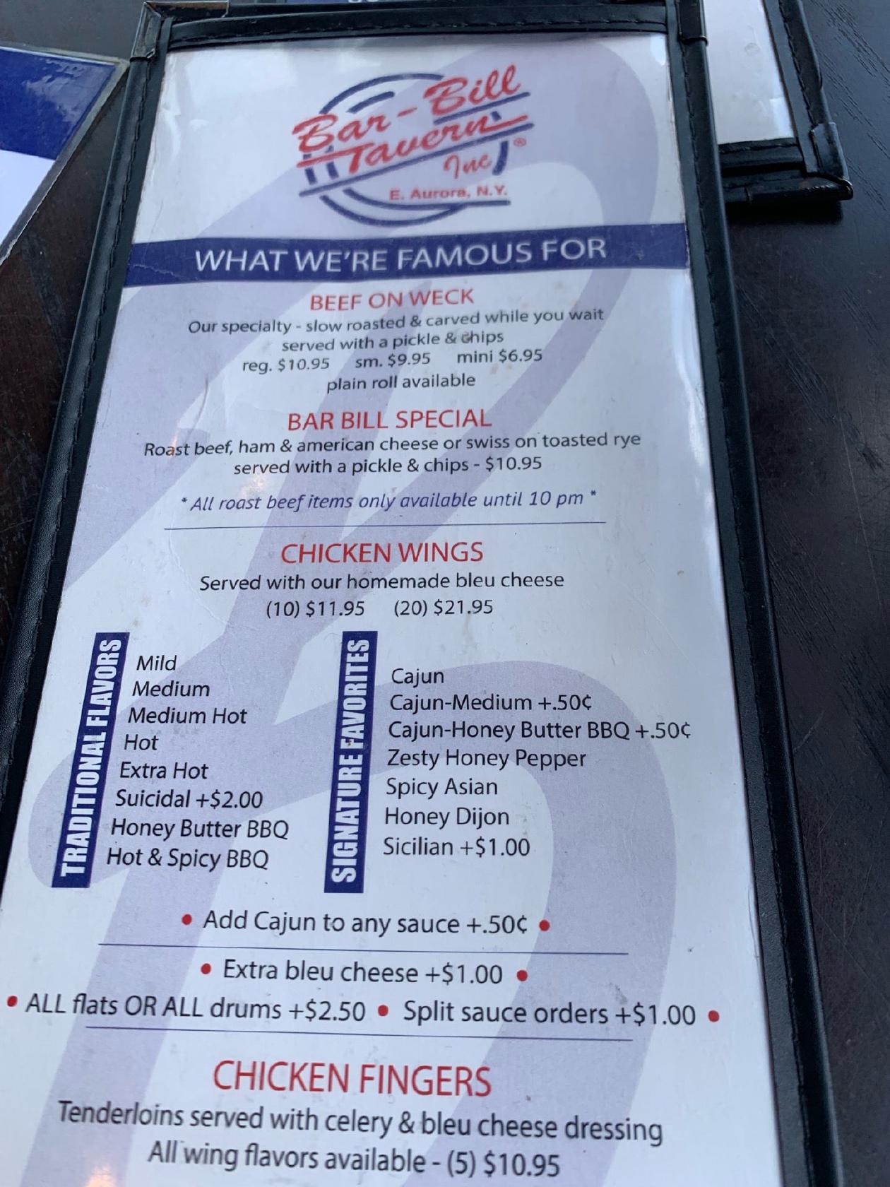 Menu at Bar-Bill Tavern, East Aurora, 185 Main St