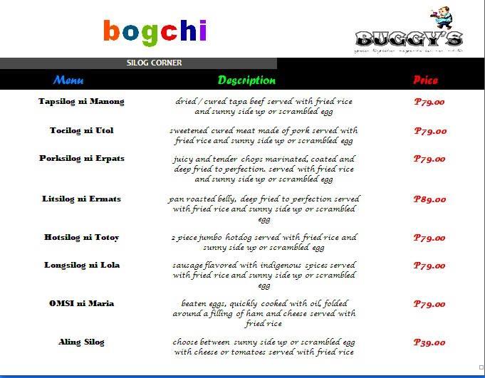 Menu at Buggy's restaurant, Manila