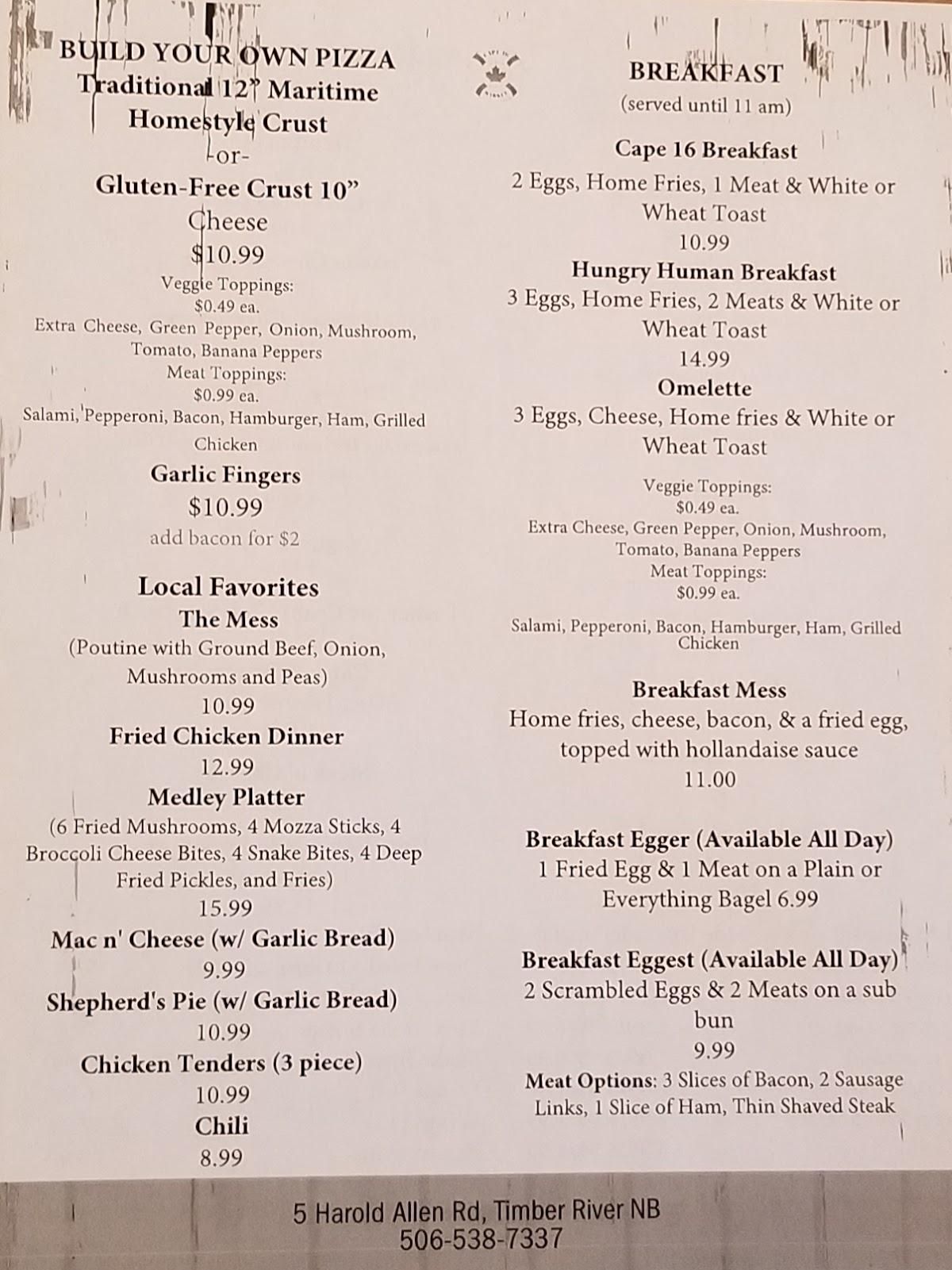 Menu at Cape 16 Market restaurant, Timber River