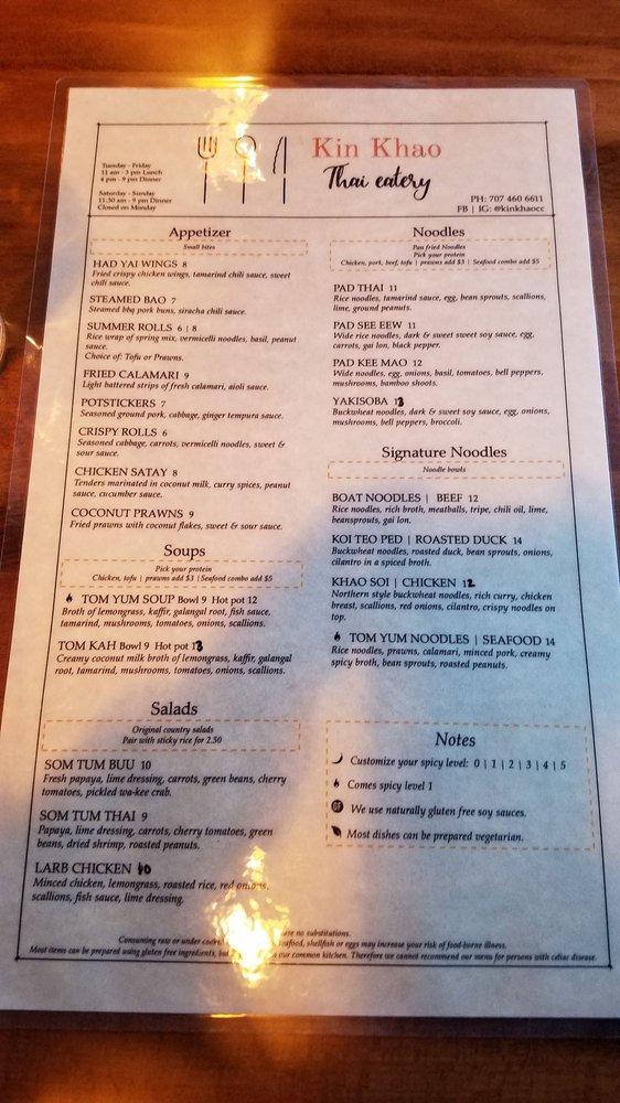 Menu at Kin Khao Thai Eatery restaurant, Crescent City
