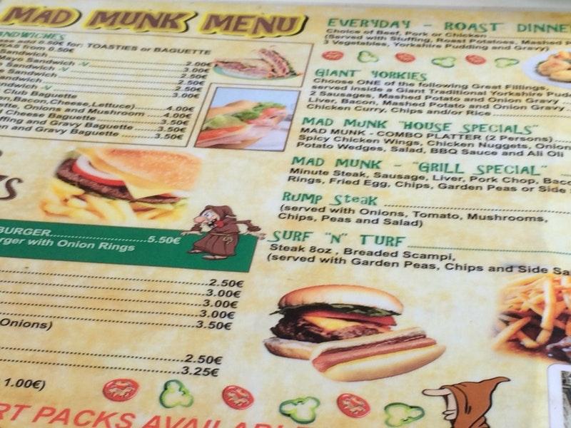 Menu at Mad Munk pub & bar, Benidorm