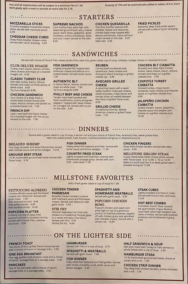 Menu at Millstone Family Restaurant, Milbank, E 4th Ave