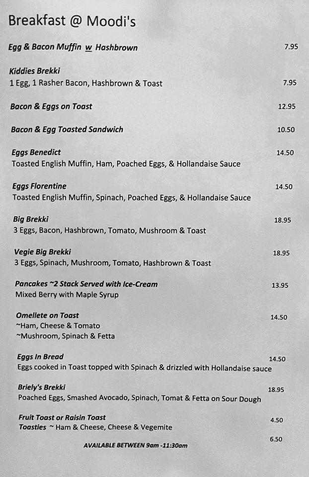 Menu at Moodi's Cafe, Pearcedale, 62 Baxter-Tooradin Rd