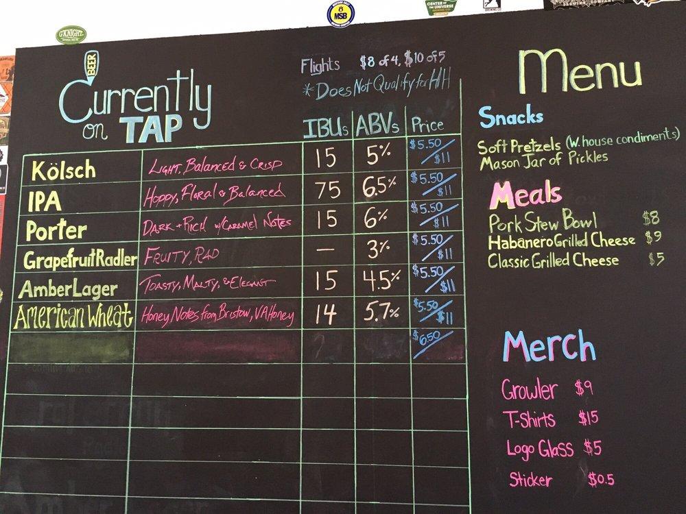Menu at Mustang Sally Brewing Company restaurant, Chantilly