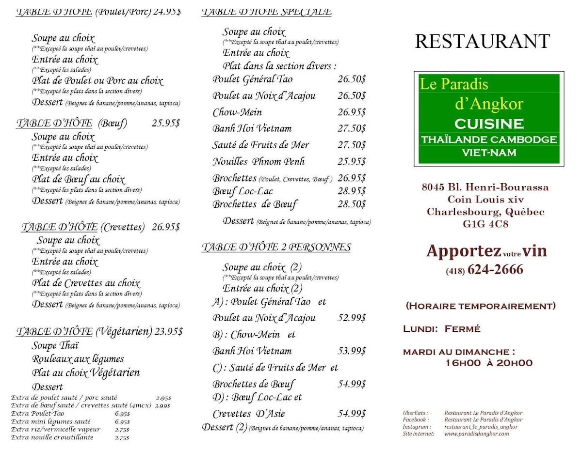 Menu au Restaurant Le Paradis d'Angkor, Québec, Boul. Henri-Bourassa