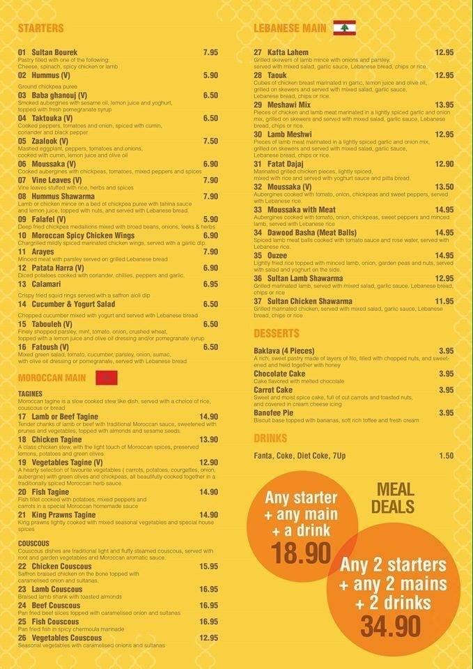 Menu at Sultan Cafe Restaurant & Shisha Lounge, Cork