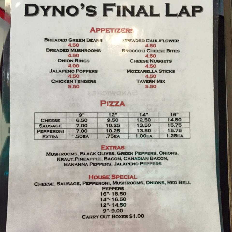 Menu at Dyno's Final Lap pub & bar, USA, Co Rd Y