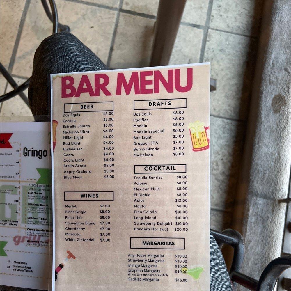 Menu at GRINGO grill + cantina pub & bar, Tucson