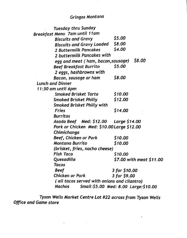 Menu at Gringo's restaurant, Quartzsite
