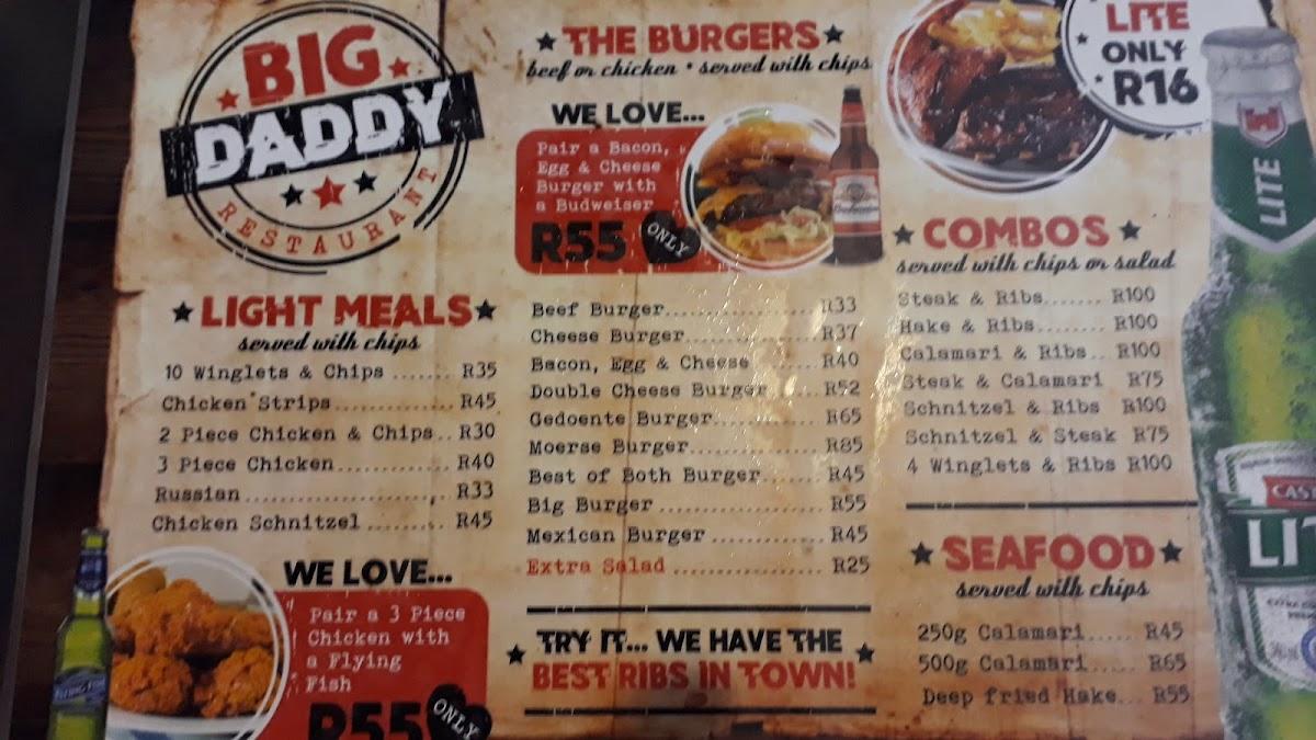 Menu at Big Daddy's restaurant mosselbay, Mossel Bay