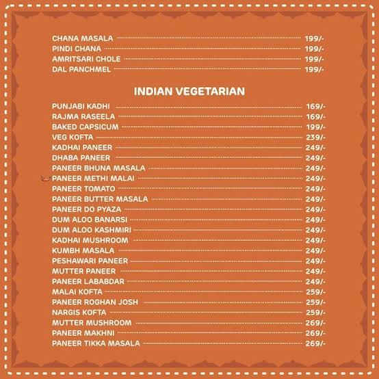 Menu at THE GREAT INDIAN DHABA, India
