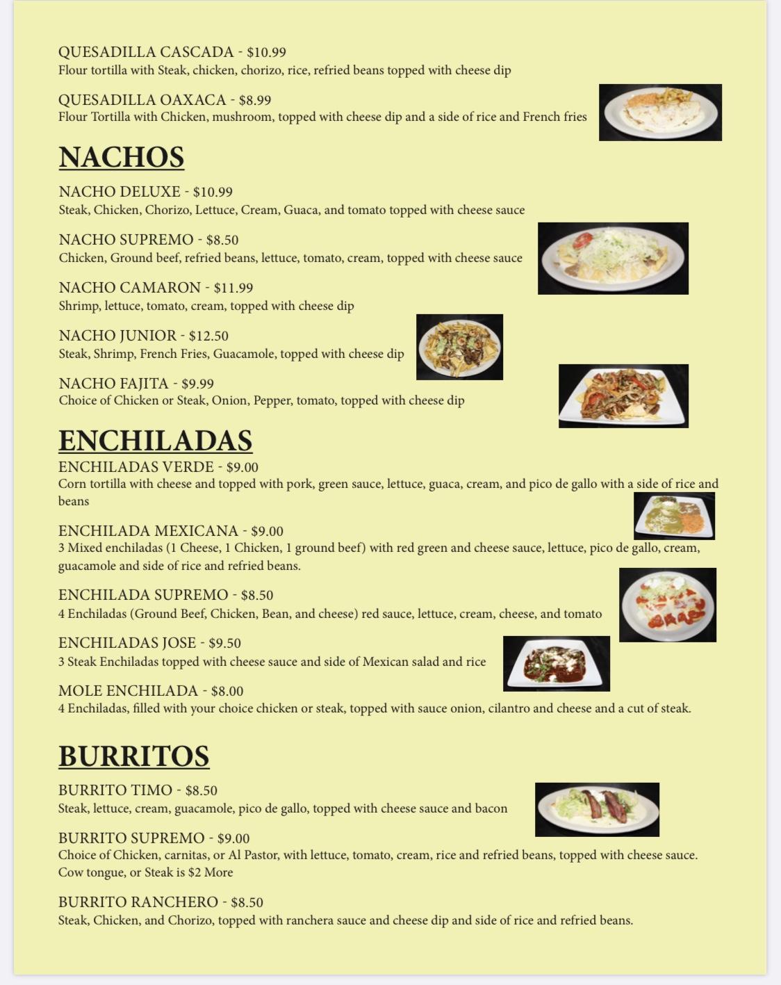Menu at La Cascada Authentic Mexican Restaurant, Bernie
