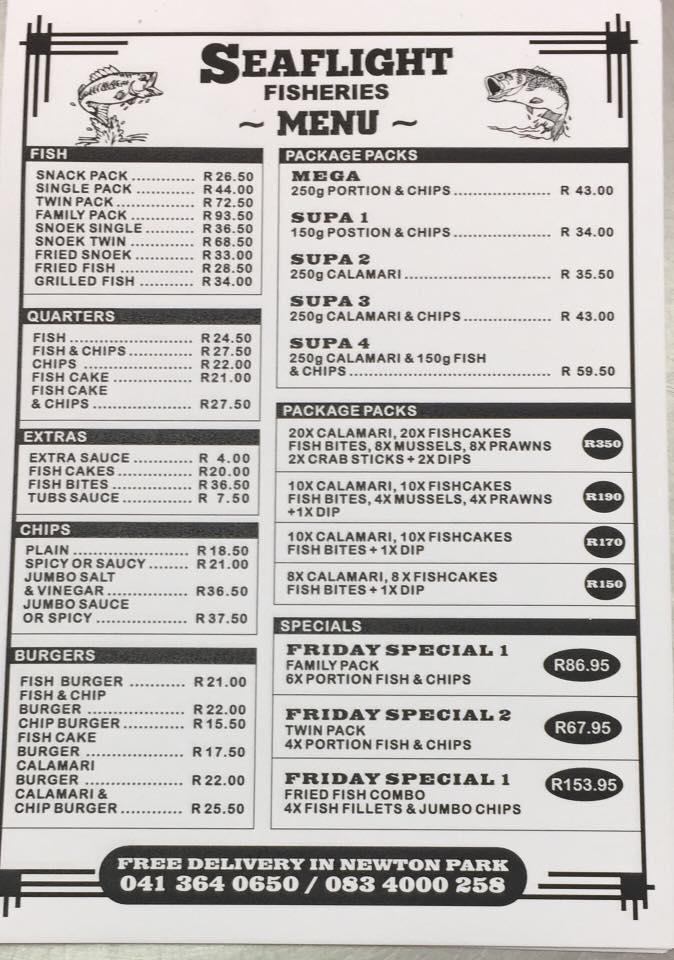 Menu at Seaflight Fisheries Port Elizabeth restaurant, Port Elizabeth ...