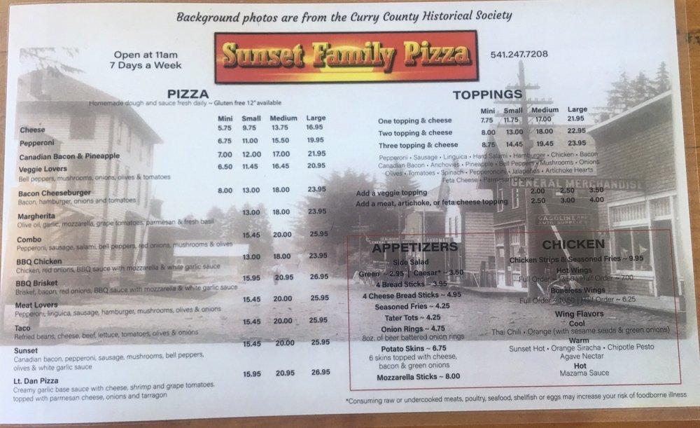 Menu at Sunset Family Pizza pizzeria, Gold Beach