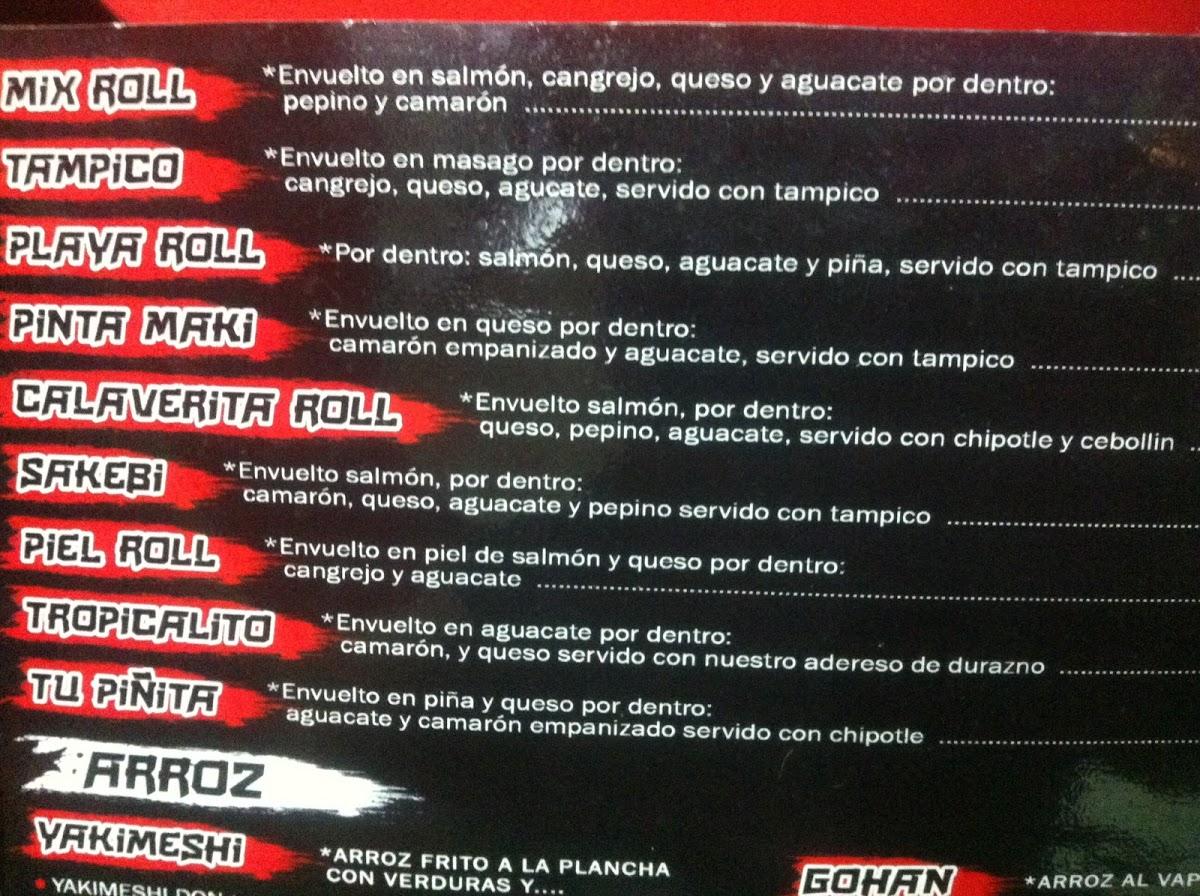 Menu at Sushi Don restaurant, Mexico